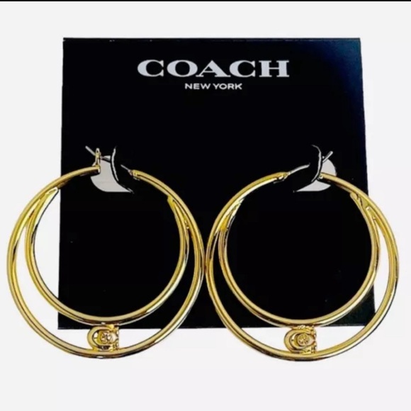Coach | Jewelry | Coach Gold Plated Signature C Logo Double Hoop ...